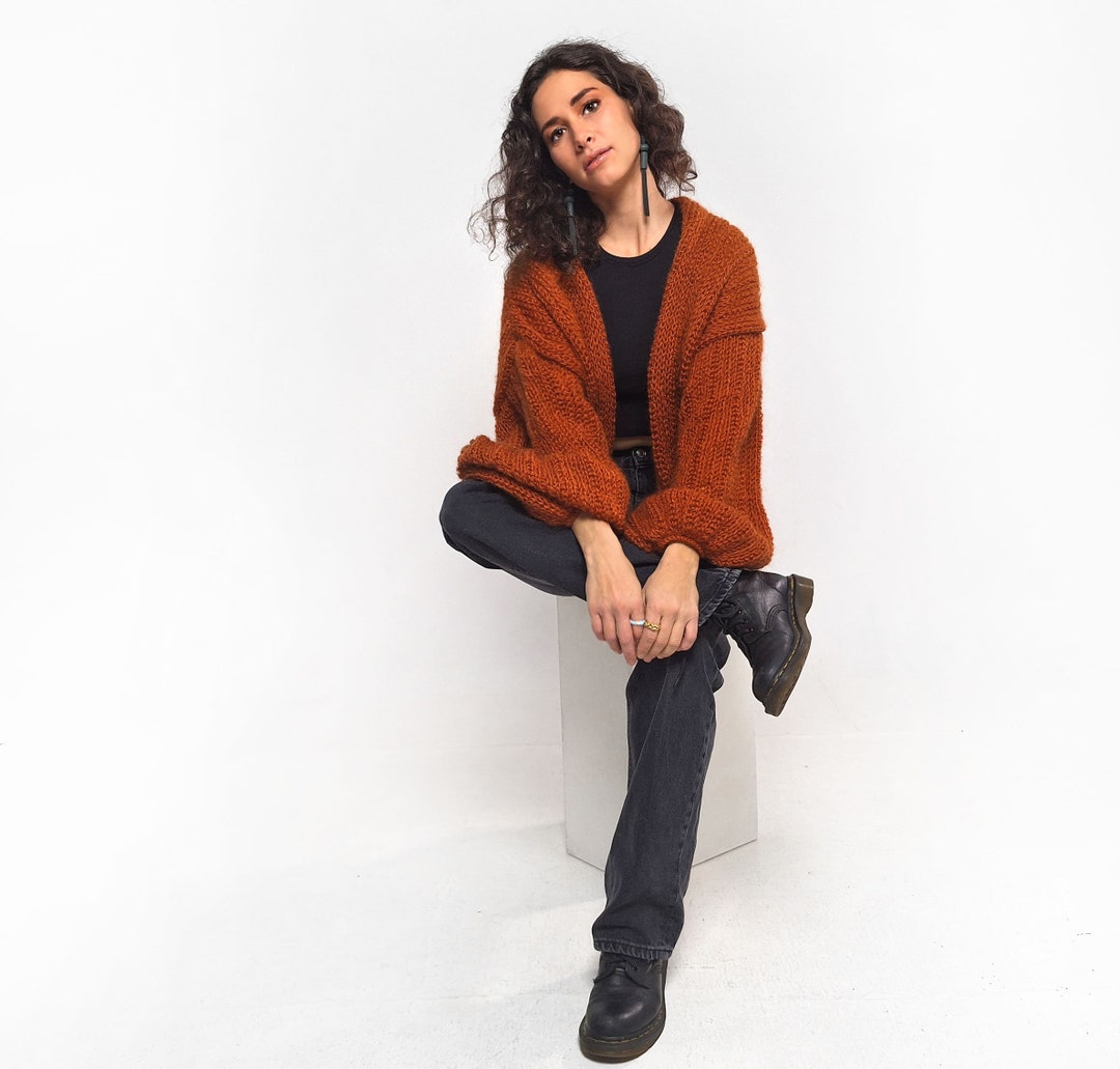 Burnt Orange Knitted Jacket, Knit Coat, Knitted Long Sleeve Blazer ...