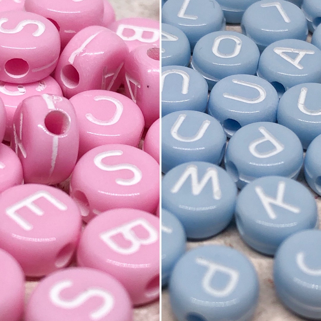 100 Letter Beads, Pink/light Blue, 7 Mm Letters, Blue Alphabet Beads ...