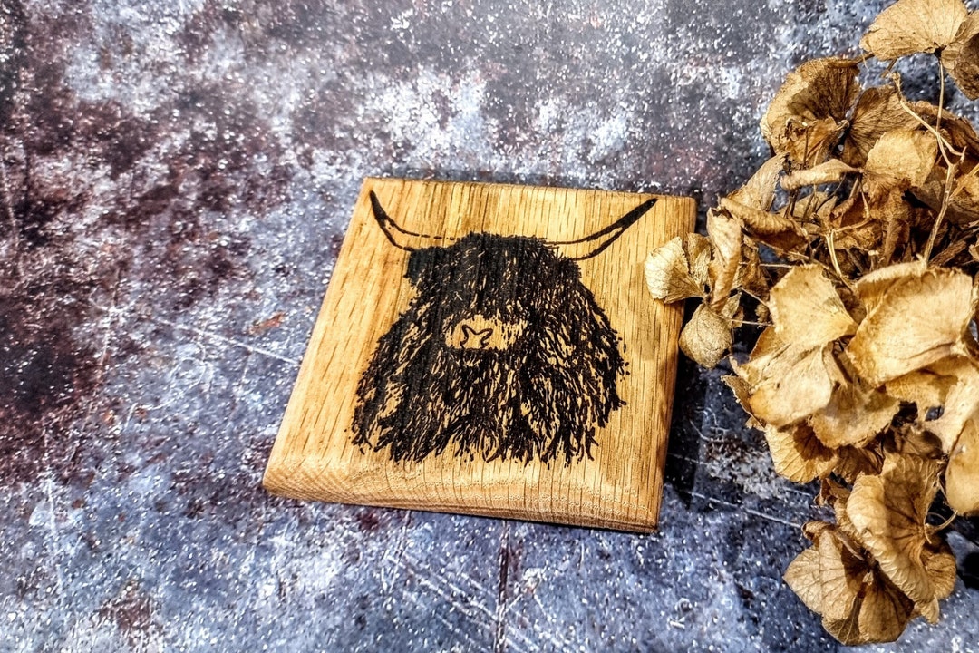 Hand Drawn Highland Cow Oak Coaster / Scottish Gifts / Hairy Coo ...