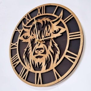 Large Hand Painted Wooden Highland Cow Wall Clock, Scotland Farm Clock ...
