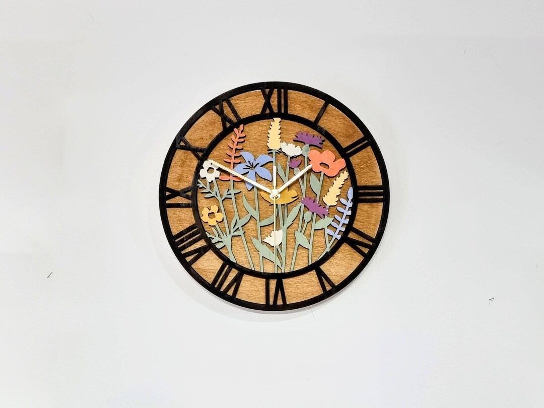 Large Hand Painted Wooden Floral Wall Clock, Custom Colour & Size Wild ...