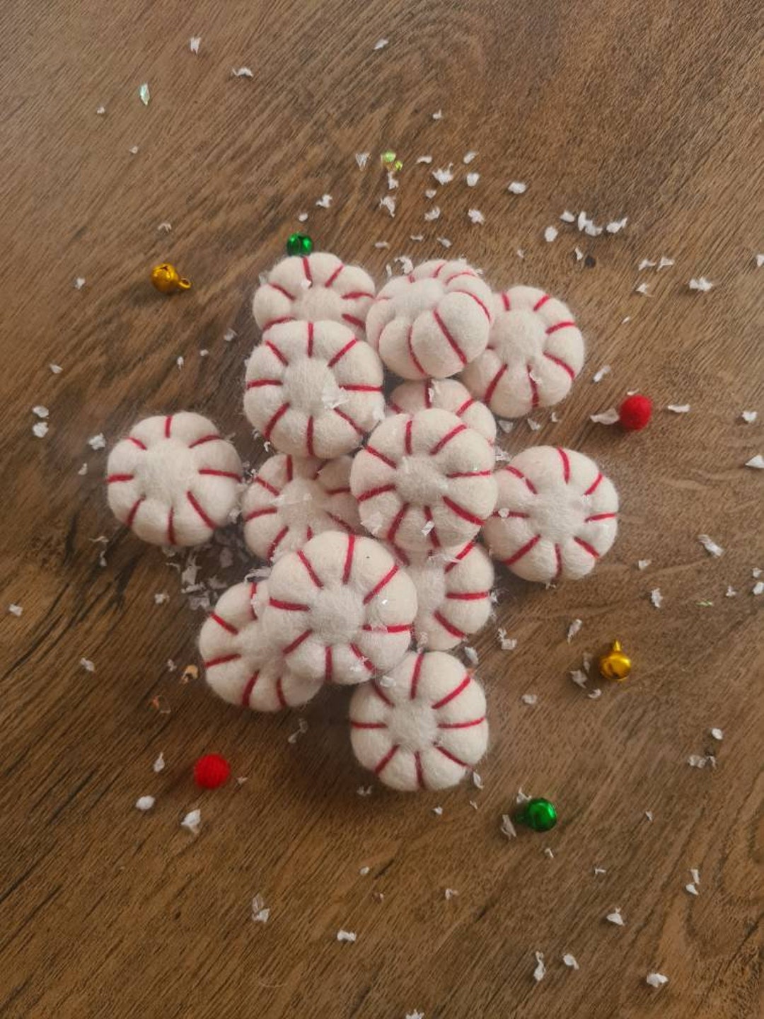 5 X Christmas Peppermint Candy Decorations, Felted Peppermint Pompoms ...