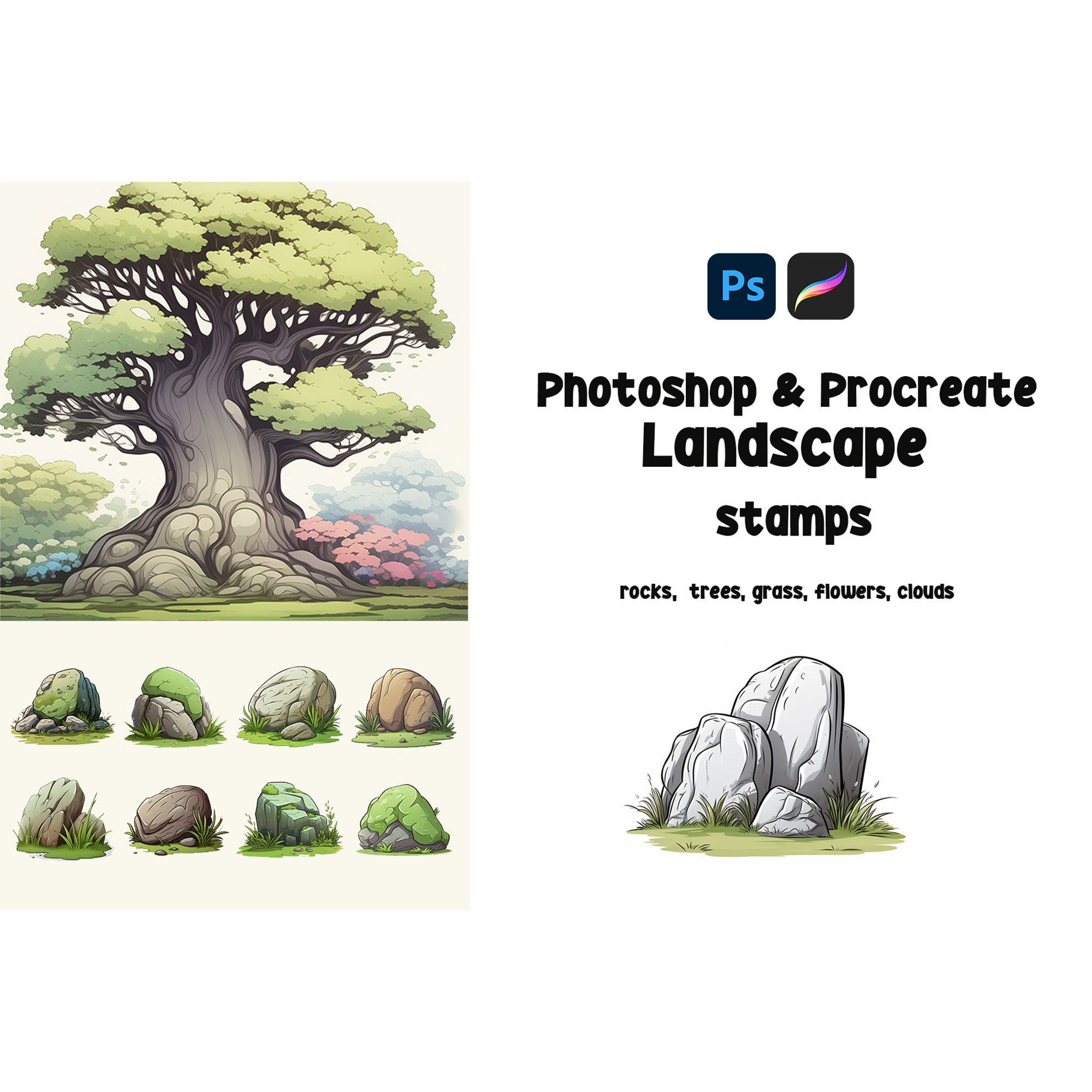 Landscape Procreate and Photoshop Stamp Brushes, Grass, Clouds, Rock ...