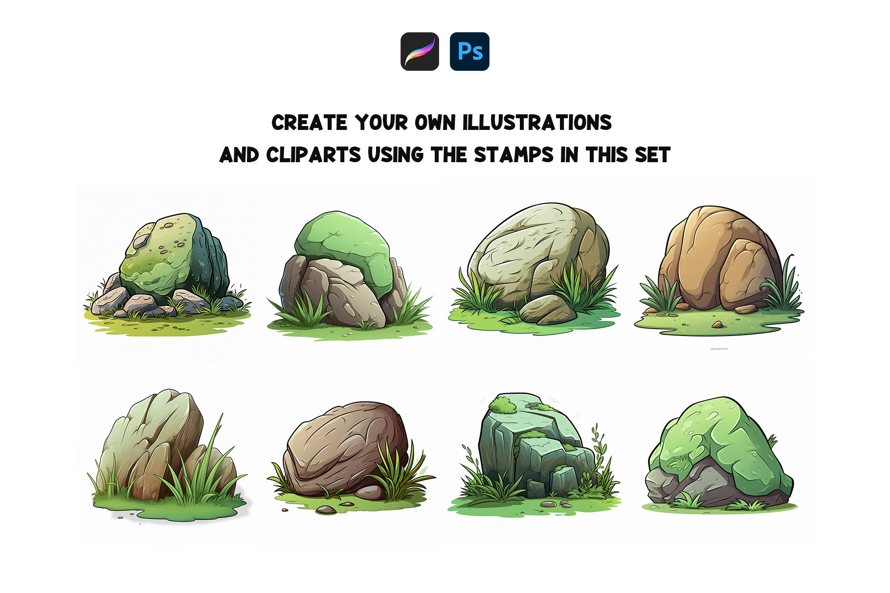 Landscape Procreate and Photoshop Stamp Brushes, Grass, Clouds, Rock ...