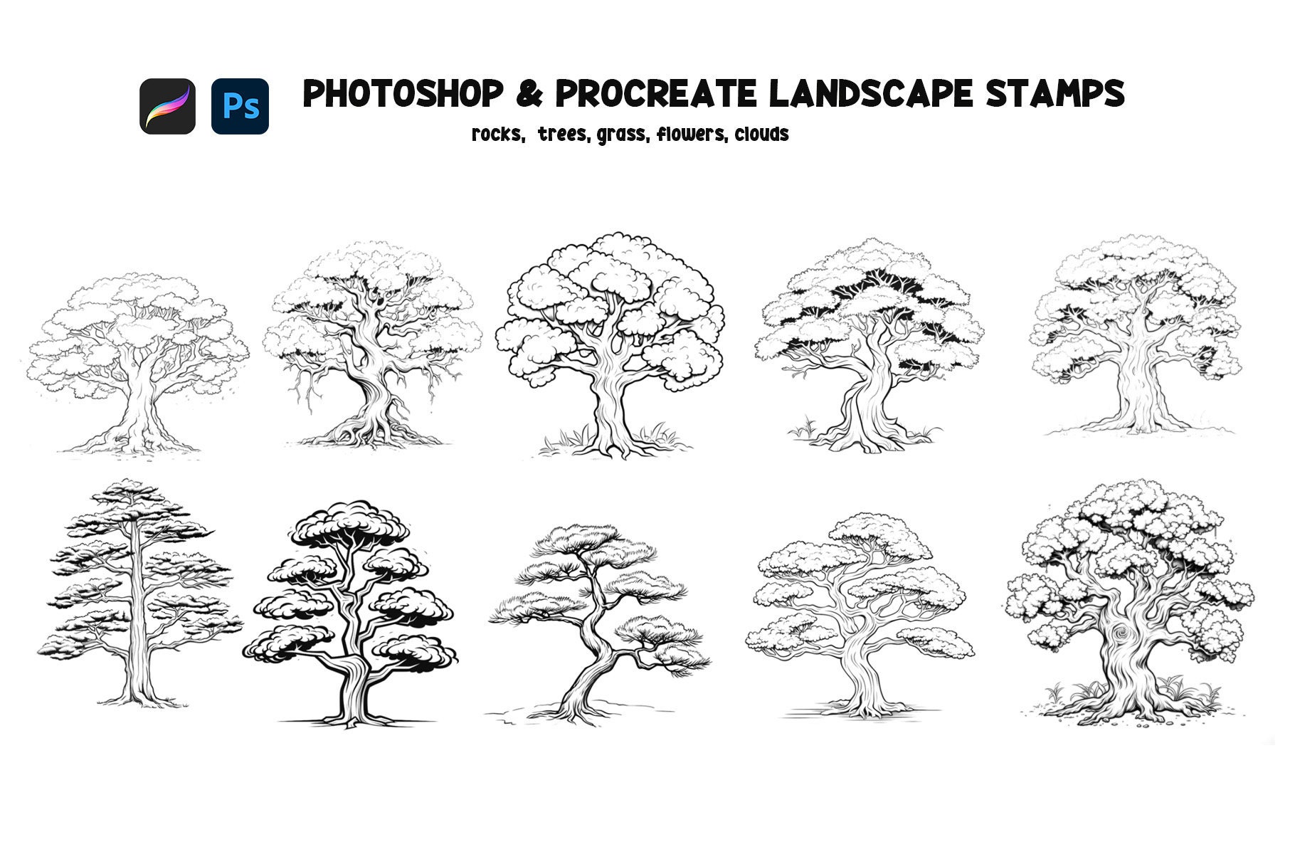 Landscape Procreate and Photoshop Stamp Brushes, Grass, Clouds, Rock ...