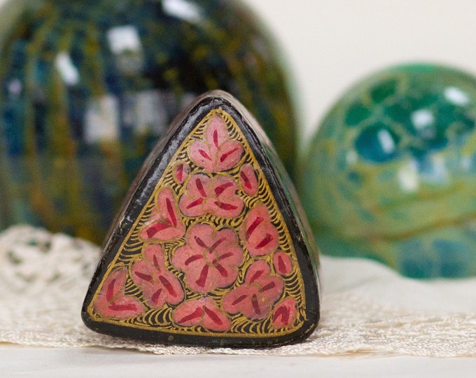 Triangular Papier-mache Box. Black Pink Floral Pattern. Lidded ...