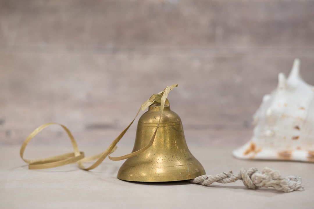 Aged Solid Brass Bell With Clanger. Heavy. Hanging. Rope. Mantlepiece ...