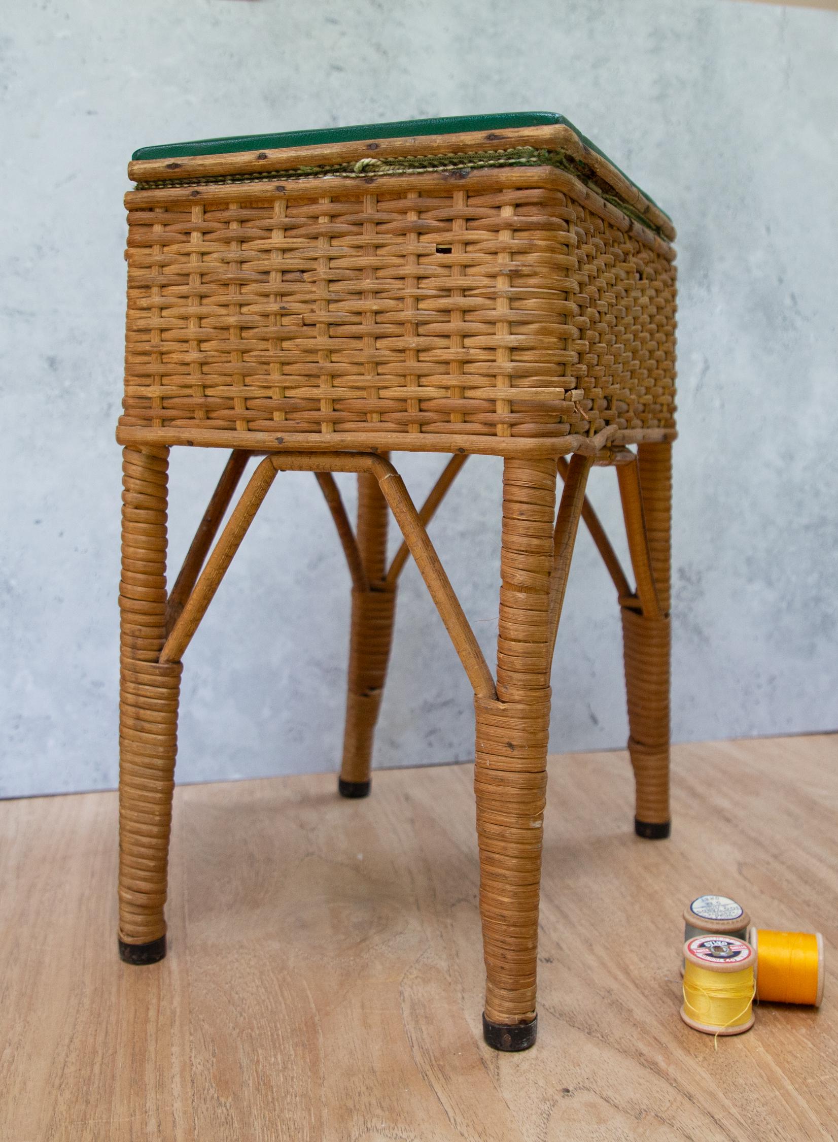 Vintage Wicker Sewing Cabinet: Green Vinyl Lid, Mid-century Craft ...