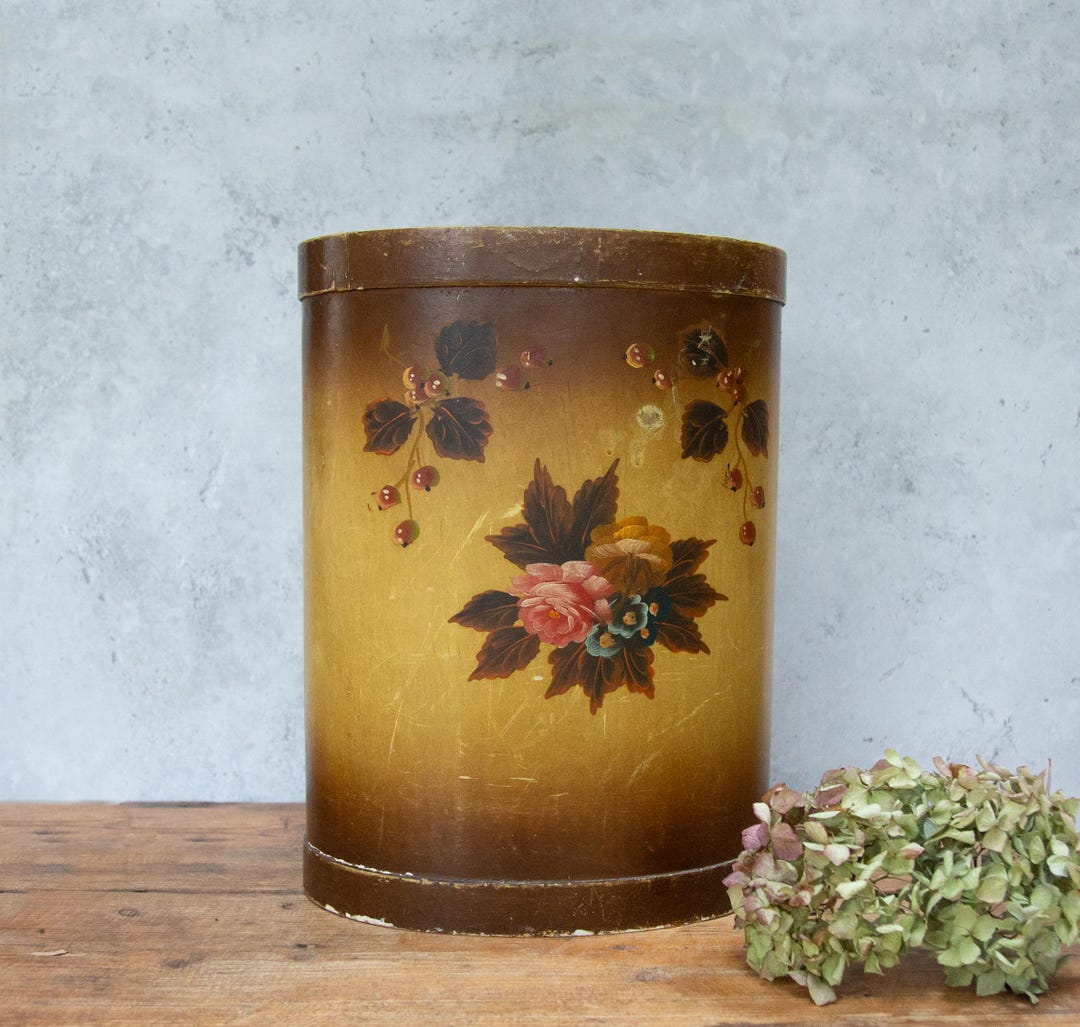 French Hand Painted Wooden Waste Bin. Oval. Brown Beige Pink. Large ...