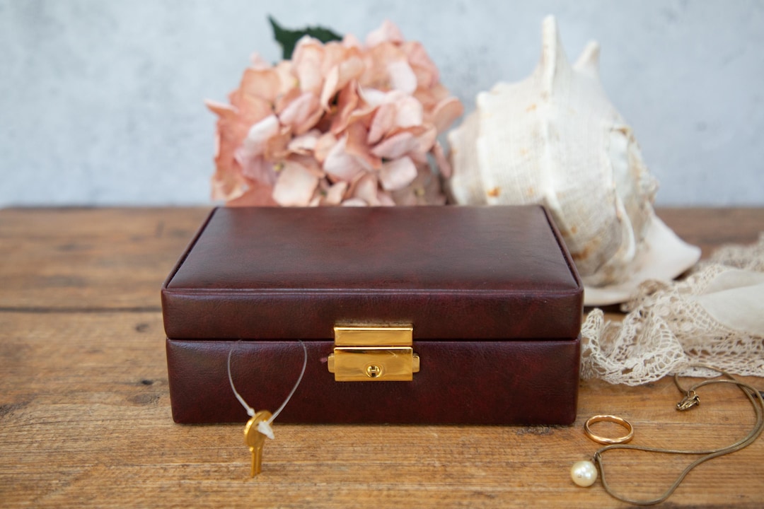 Lockable Jewellery Box. Key. Brown Red Leather. Marked Interior. Mirror ...