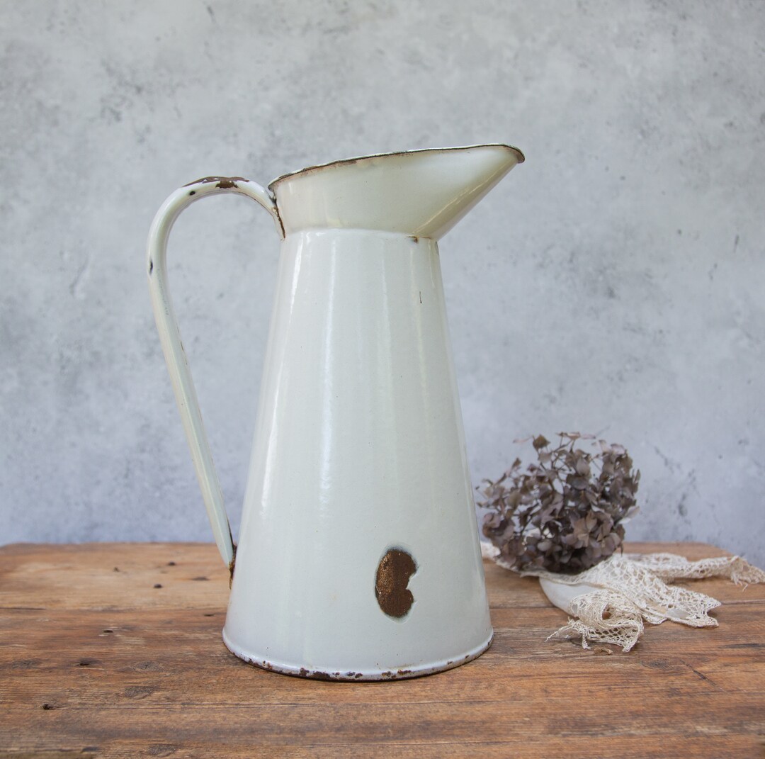 Aged Enamelware Jug. Patinated. Rusted. White. Tall Flower Holder. Vase ...