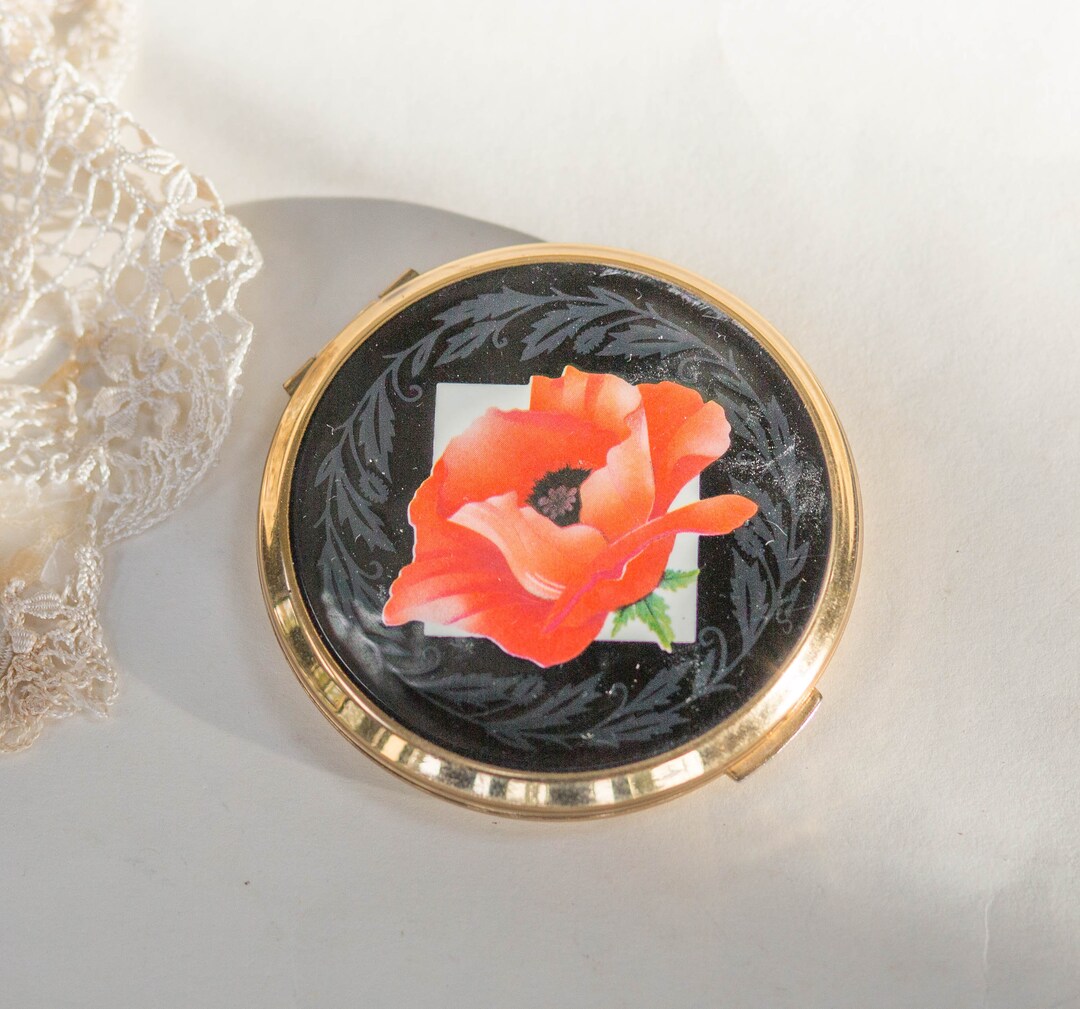 Stratton Vintage Compact. Orange Poppy. Floral. Black Gold. Mirror ...