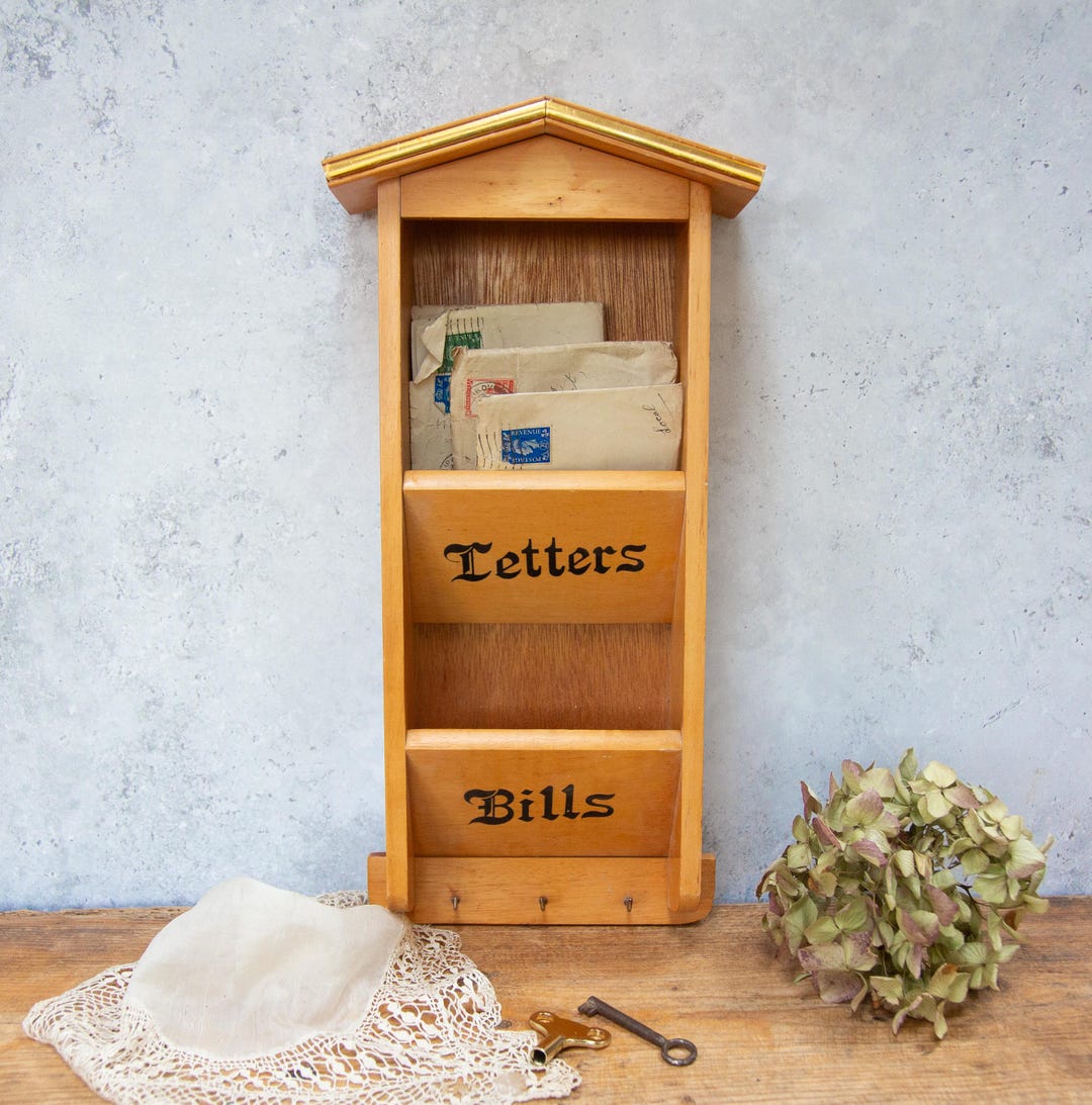 Wooden Letter Rack. Wall Hung. Letters. Bills. Keys. Brass Key Hook ...