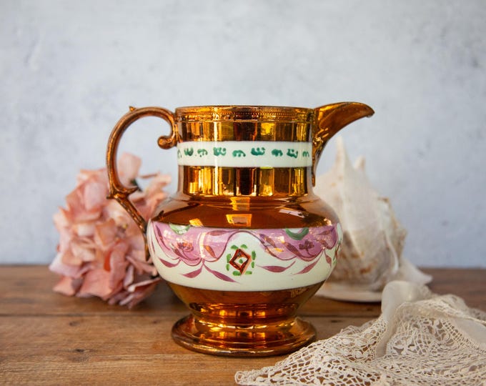 Antique Sunderland Lustreware Jug: Copper Ceramic Pitcher, Pink Floral ...