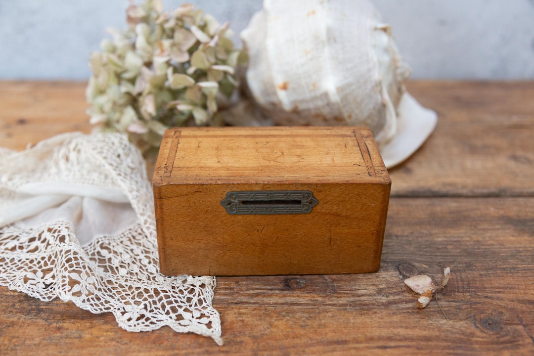 Patinated Wood Money Box. Wooden. Sliding Lid. Brass Coin Slot ...