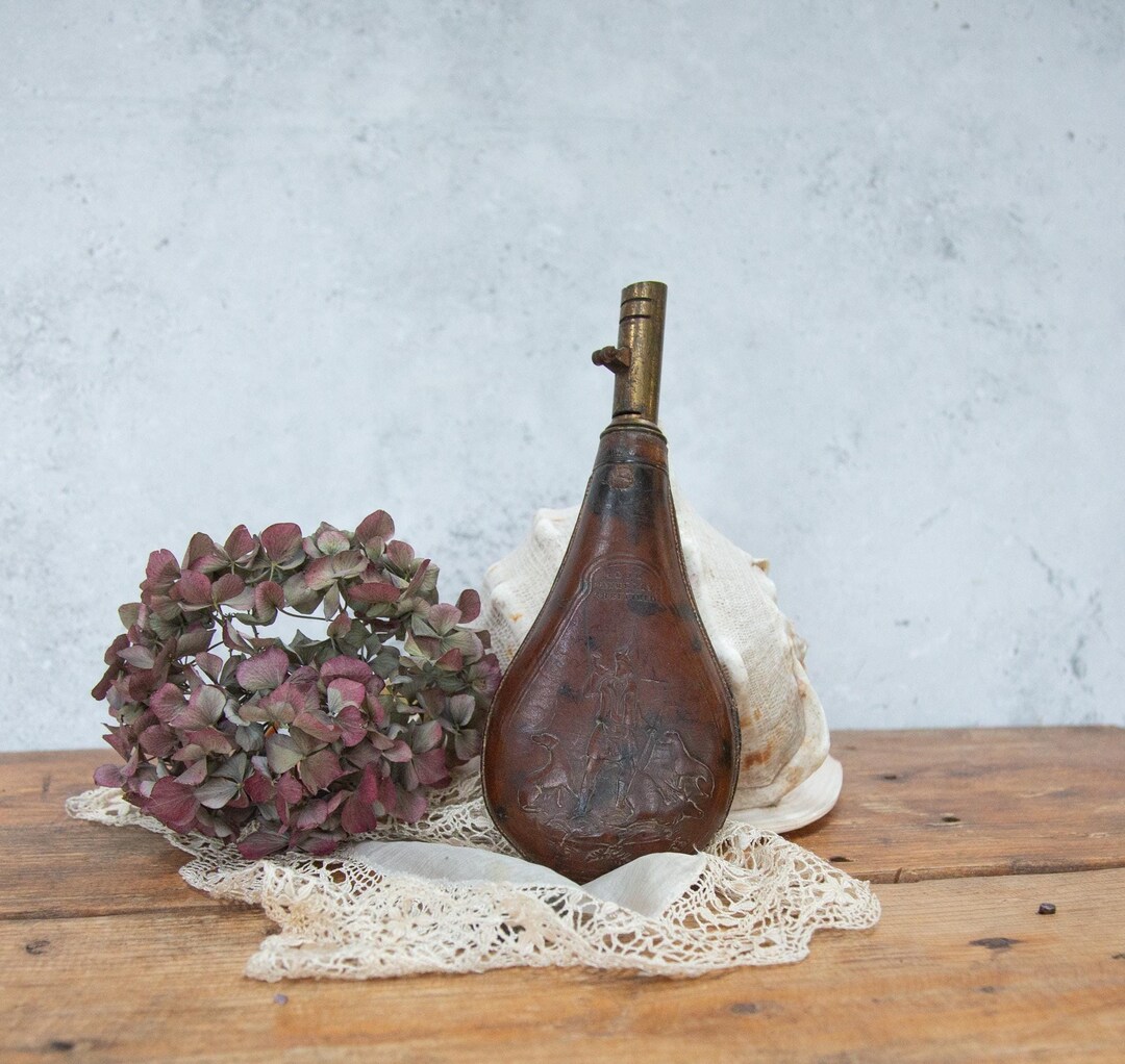 Aged Hawksley Powder Flask. Antique. Leather & Brass. Victorian ...