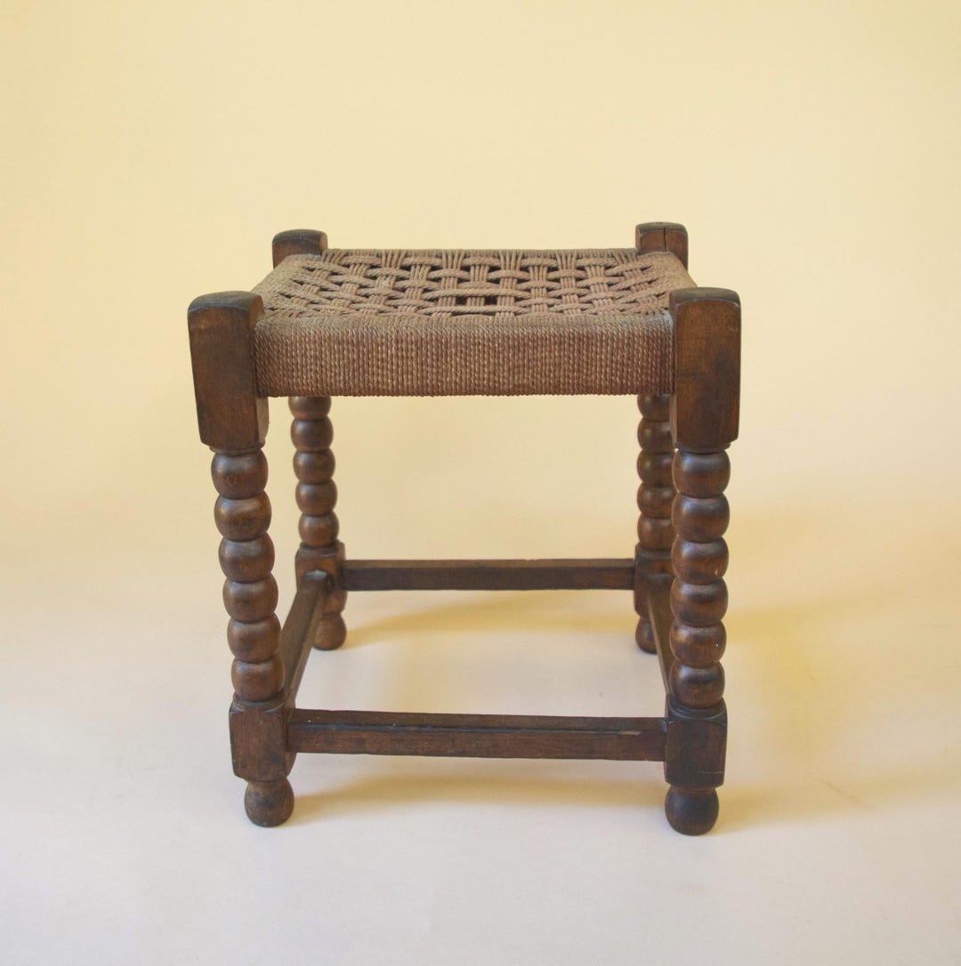 Wooden String Stool. Solid Oak. Dark Wood Frame. Turned Legs. Woven ...