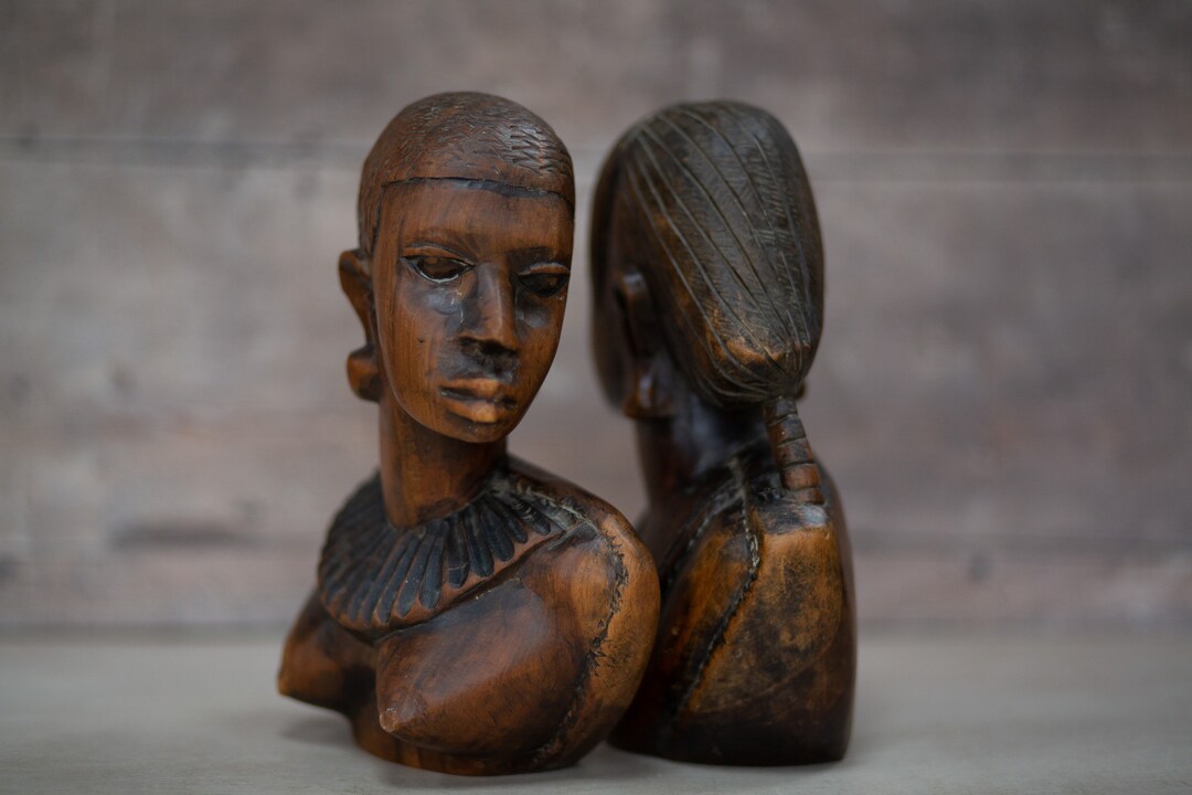 Pair Large Wooden African Bust. Women. Female Head. West Africa. Wood ...