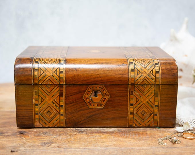 Victorian Edwardian Jewellery Box. Rounded Lid. Walnut Wood. Parquetry ...