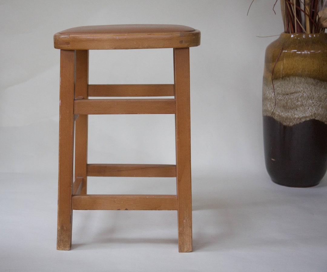 Tall Kitchen Stool. Under Counter. Tan Wood. Cushion Pad. Space Saver ...