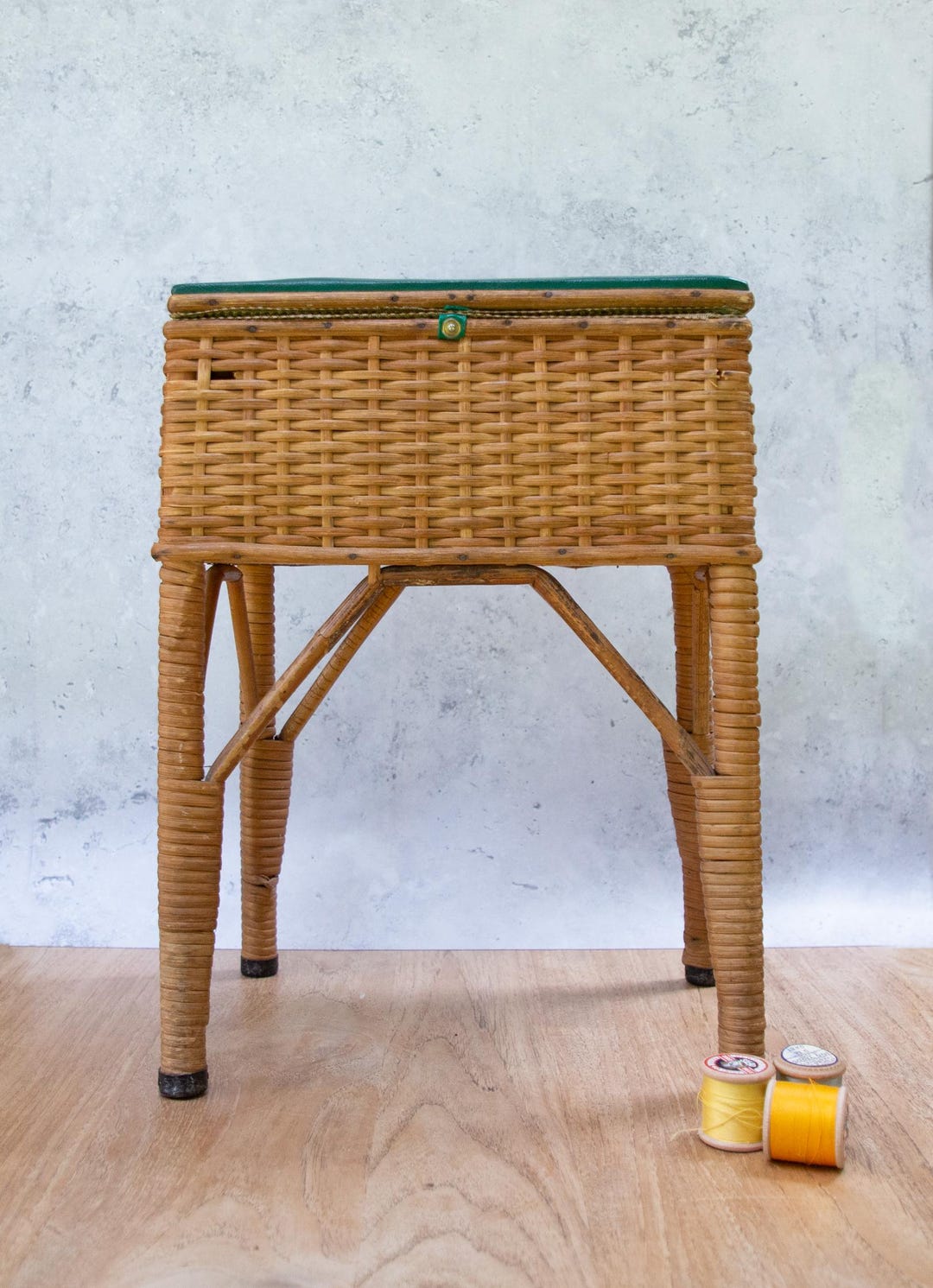 Wicker Sewing Cabinet. on Legs. Green Wipable Lid. Needlework Storage ...