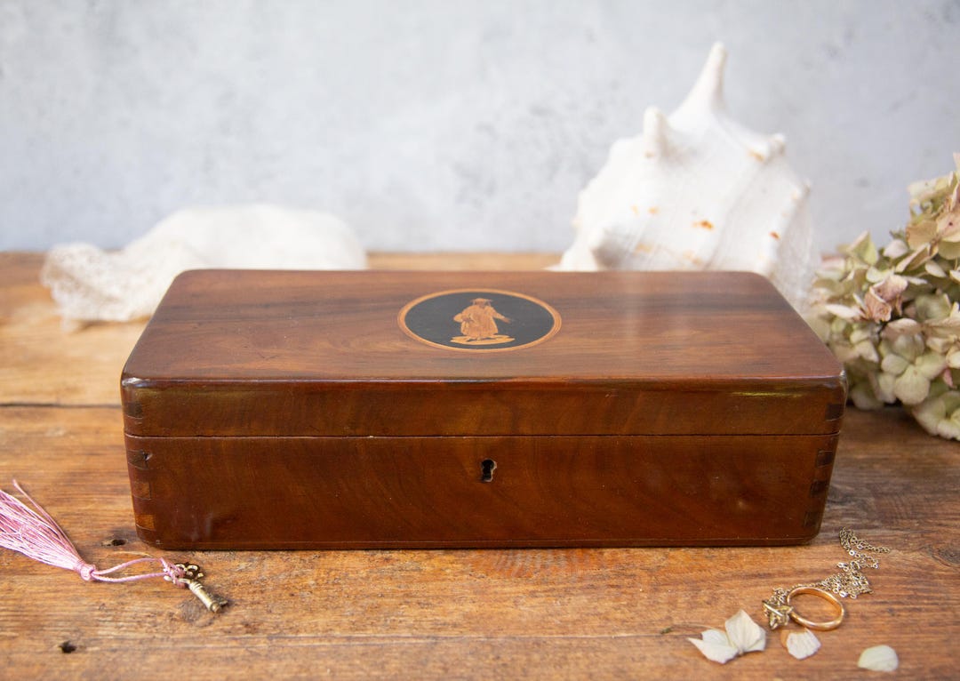 Antique Olive Wood Box. Perfect Inlaid Marquetry Centre. Pen Pencil ...