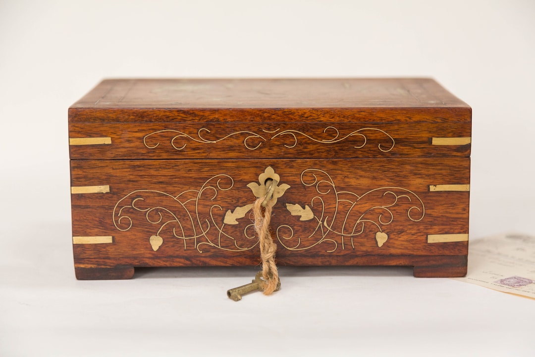 Victorian Lockable Jewellery Box. Key. Wooden. Mahogany Wood. Brass ...