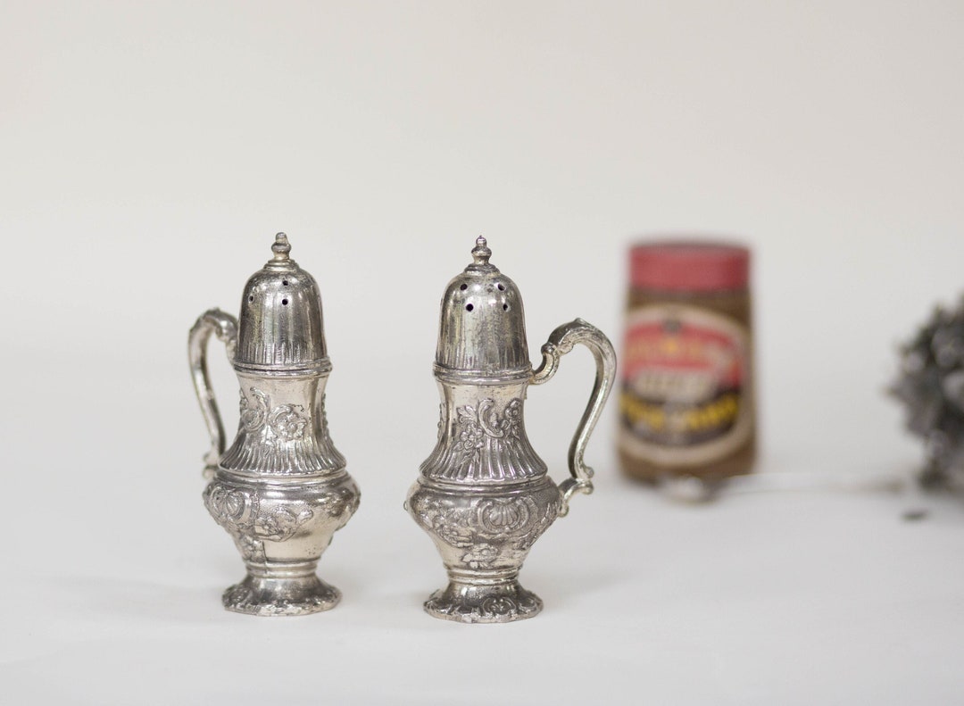 Salt & Pepper Condiment Set. Silver Plate. Aged Metal Shaker Pots ...