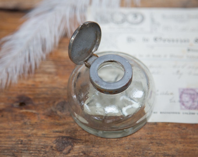 Glass Dip Inkwell. Velos Ink Well. Flip Metal Lid. Round. Mid Century ...