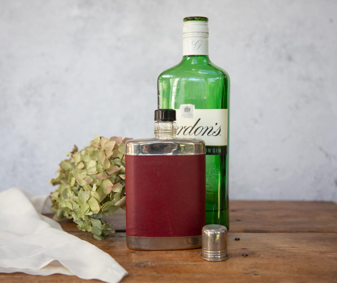 Vintage Leather Bound Hip Flask: Maroon Red Glass With Stirrup Cup - Etsy