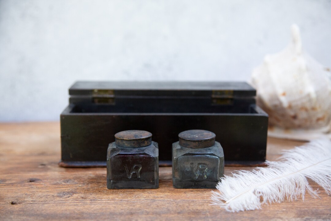 Victorian Desk Tidy. Labelled VR. Wooden Box. Dark Wood. 2 Inkwells ...