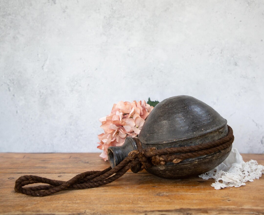 Antique Black Pottery Water Jug: Gourd Shape, Rope Detail, North ...