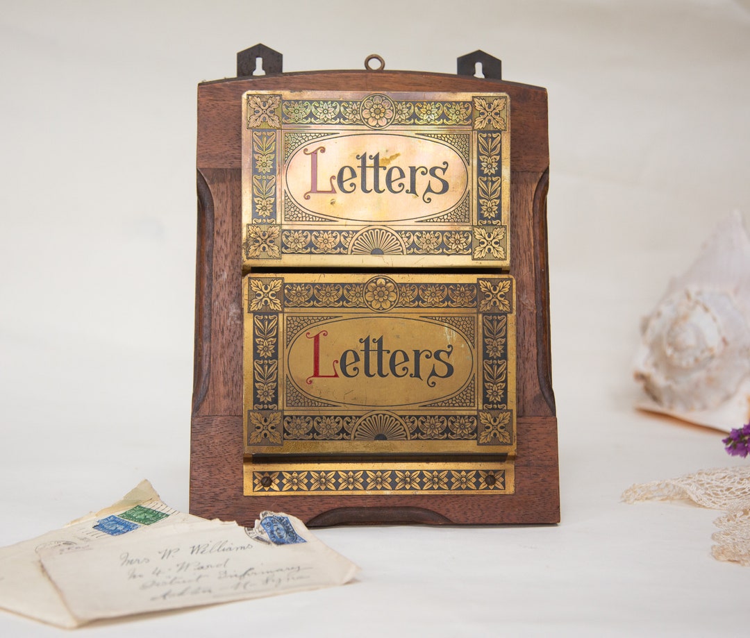 Antique Brass Letter Rack. Wall Hung. Dark Wood. Letters. Office ...