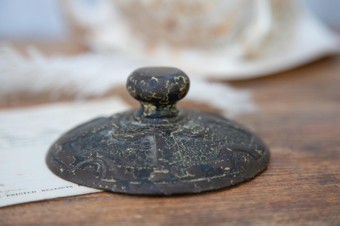 Victorian Cast Iron Paperweight. Aged. Black Round. Handle. Antique ...