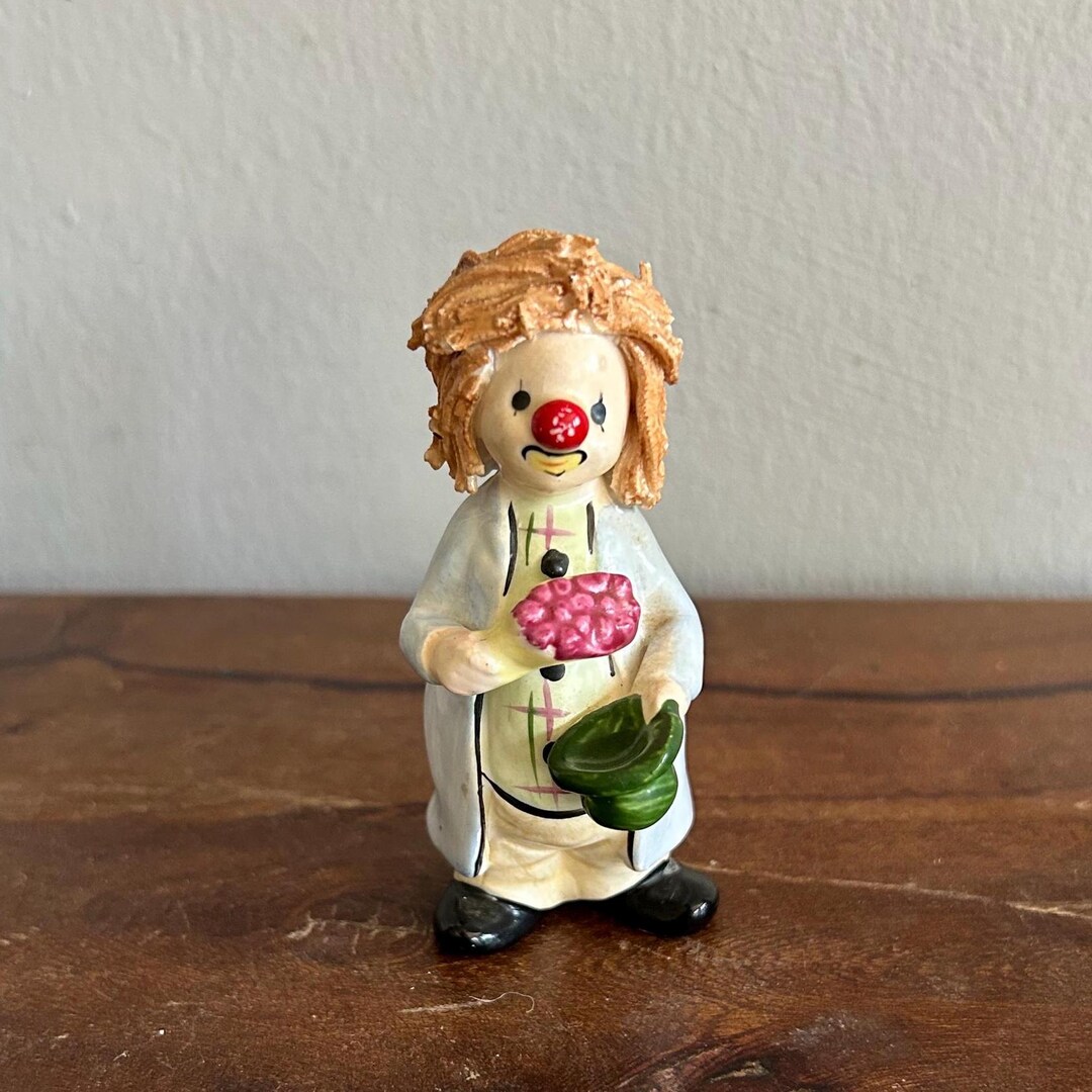 Enesco Porcelain Clown Spaghetti Hair Holding Hat and Flowers 1984 ...