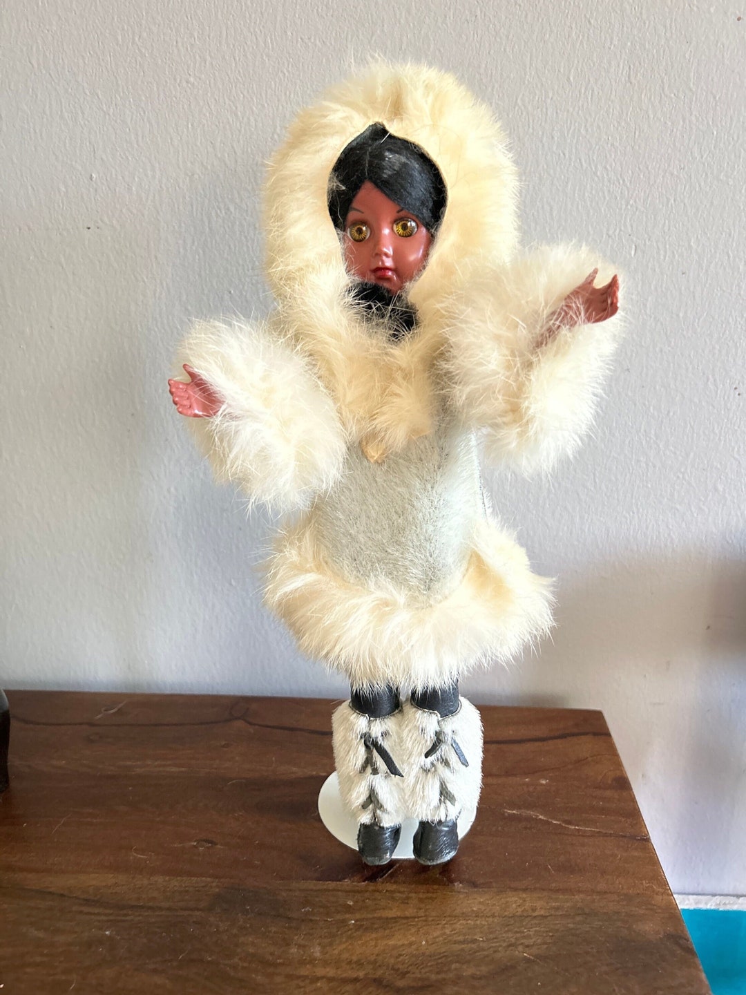 Vintage Eskimo Inuit Doll Real Fur Leather 12 Inches Sleepy Yellow Eyes ...