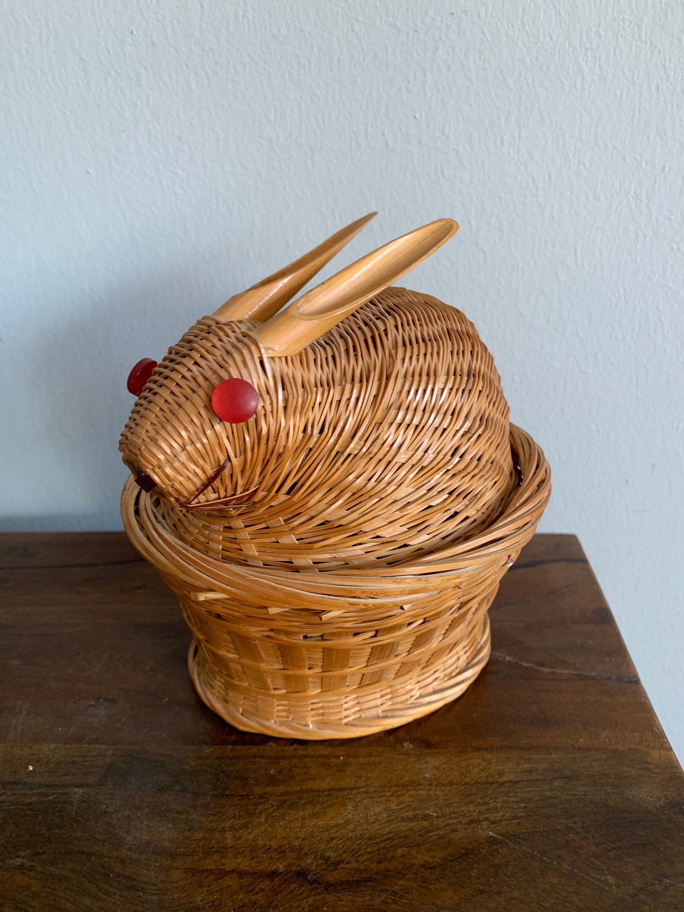 Rattan Rabbit Bunny Basket Red Button Eyes Wicker Basket for | Etsy