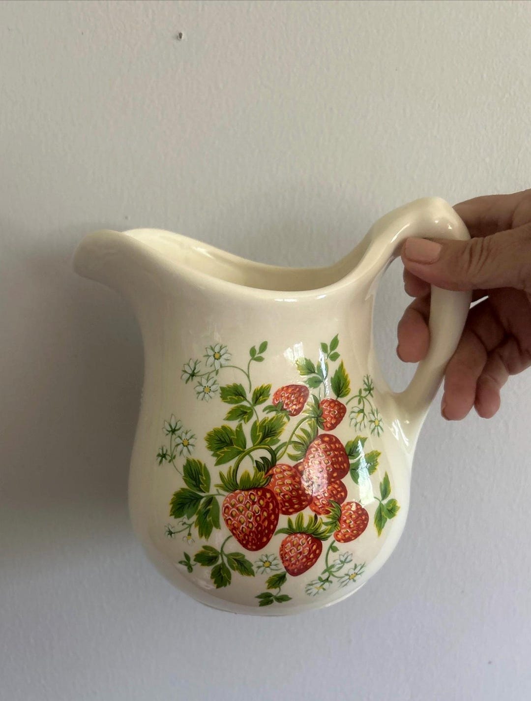 White Ceramic Pitcher Red Strawberry Farmhouse Country Vintage Kitchen ...