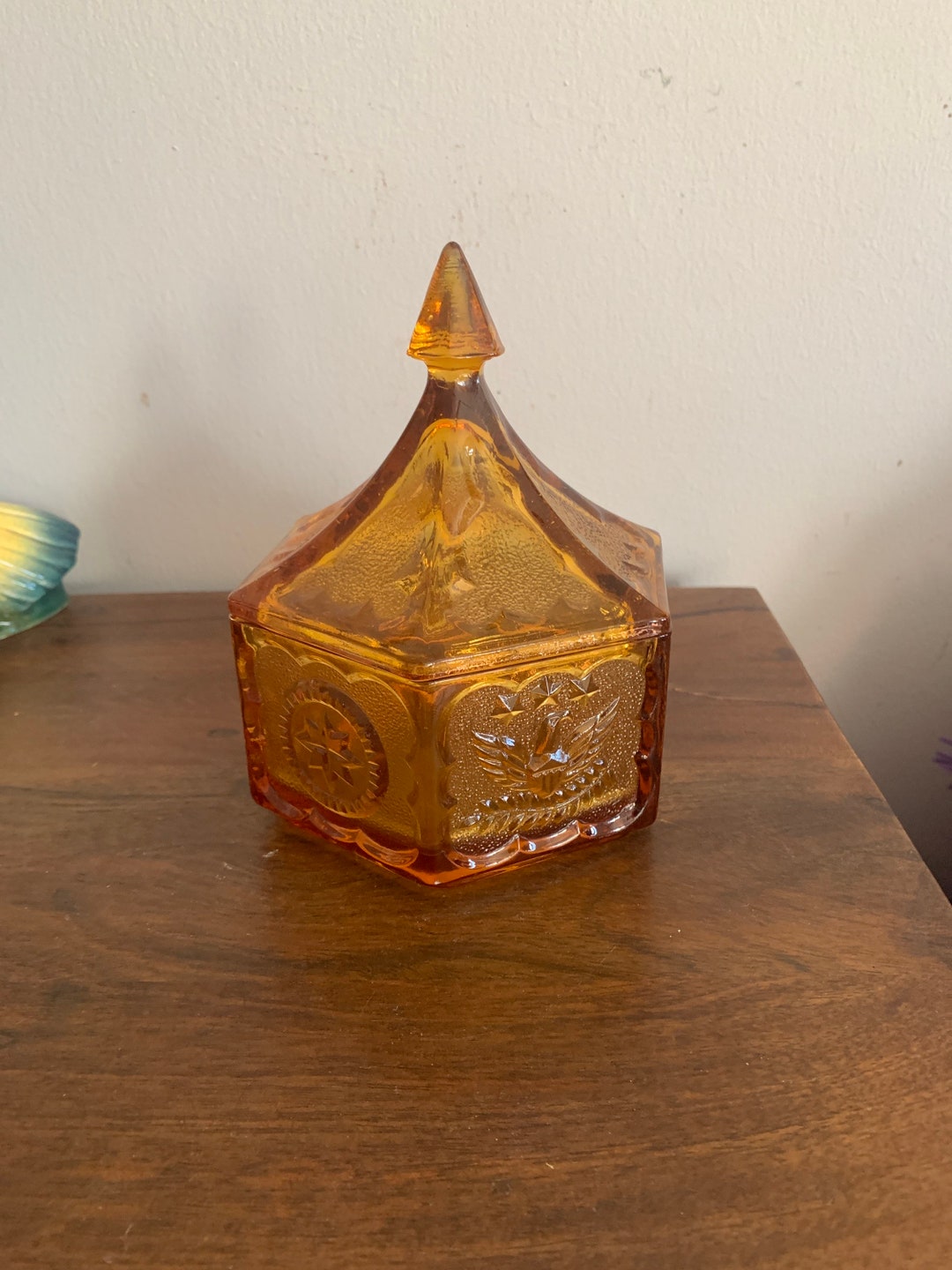 Colonial Amber Glass Candy Dish Eagle and Star Patriotic Tiara Gold ...