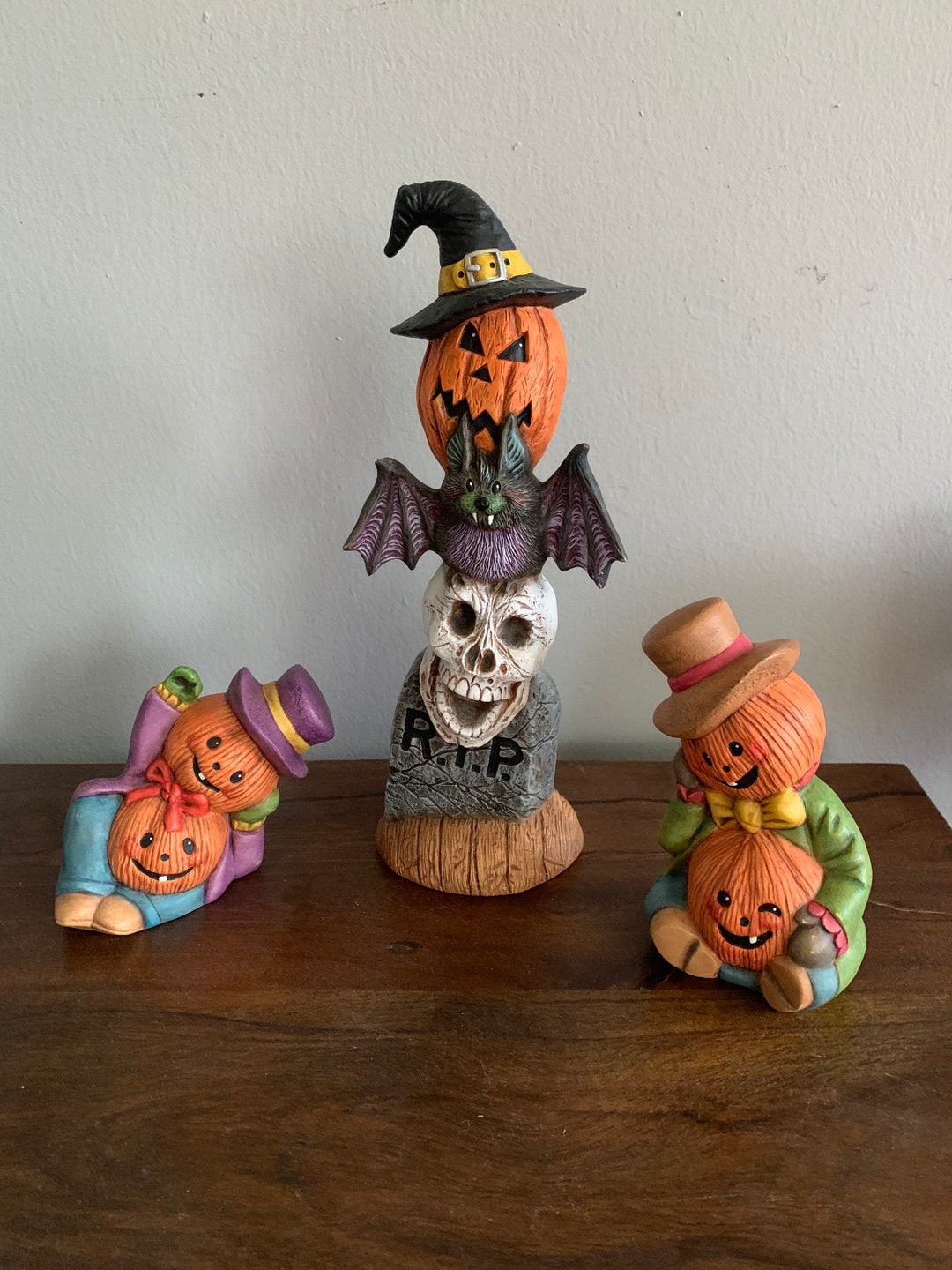 Ceramic Halloween Pumpkin Scarecrow Scary Totem Skull Bat Gravestone ...