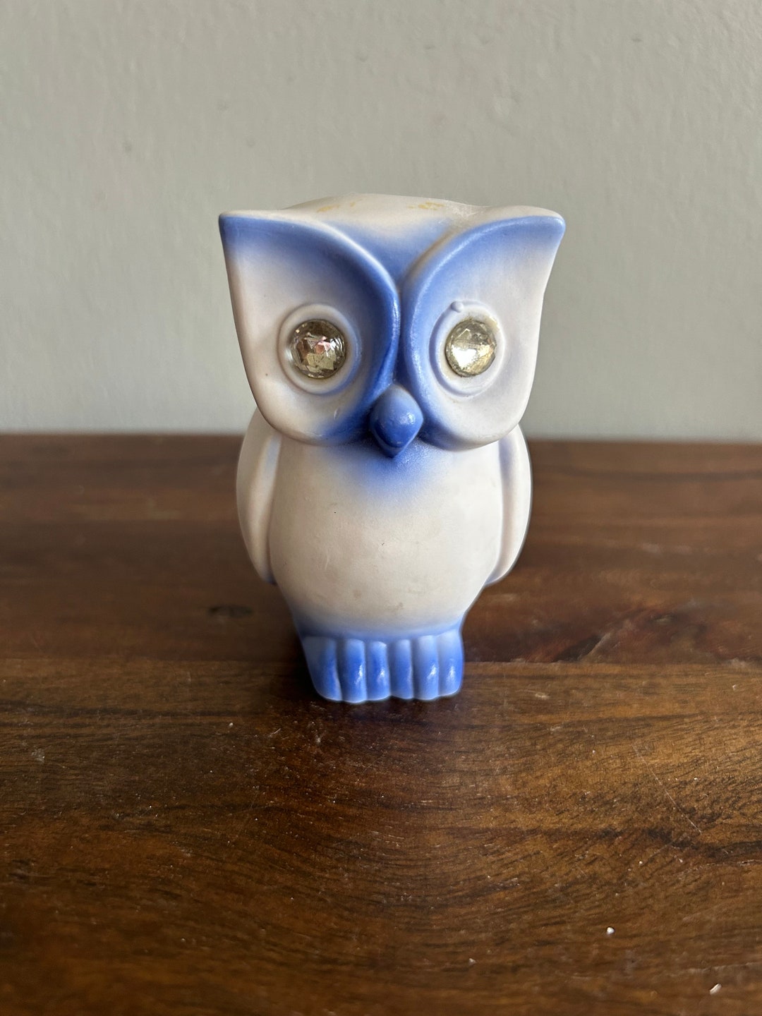 White and Blue Ceramic Owl Figurine With Large Rhinestone Eyes Vintage ...
