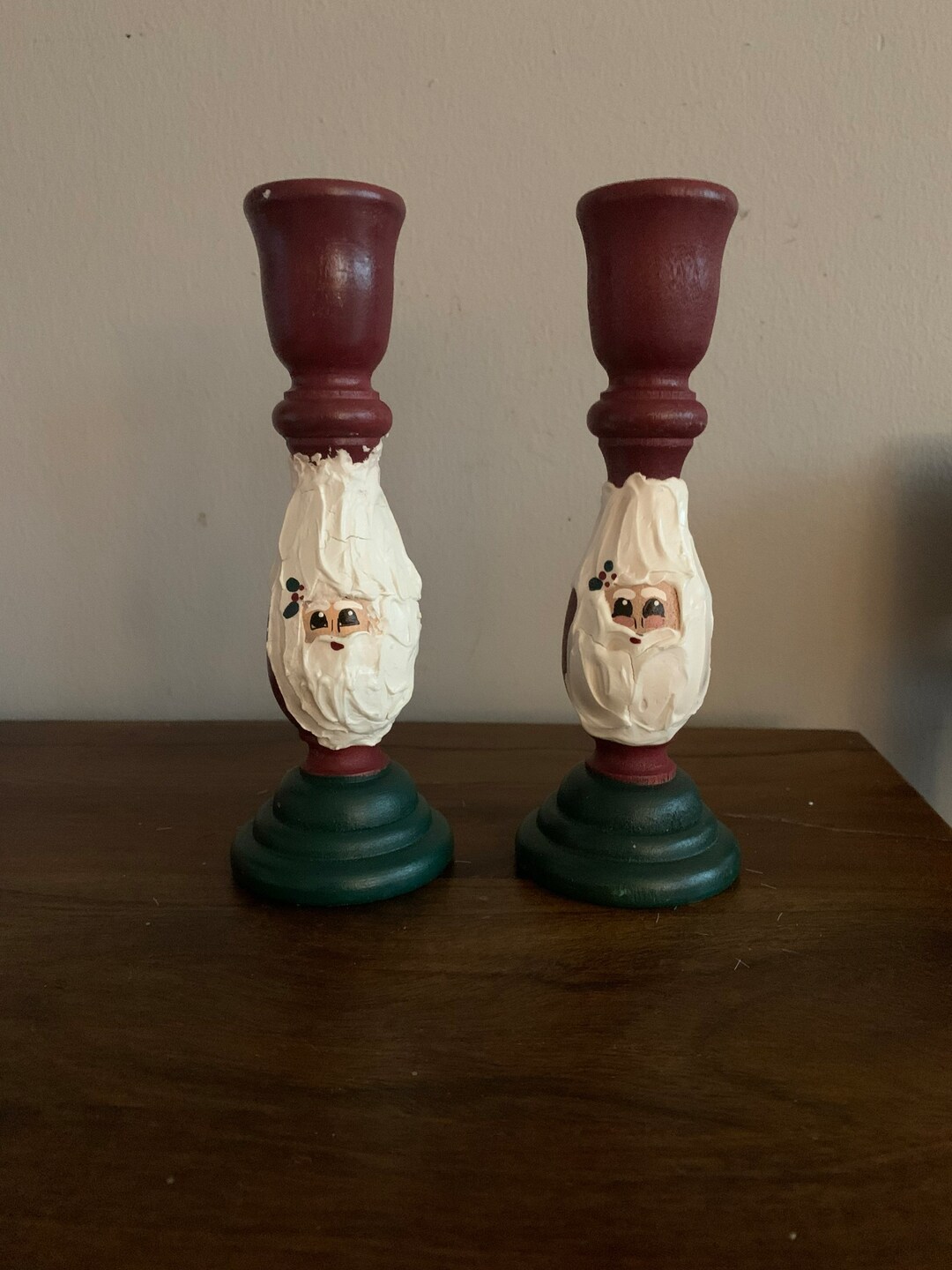 Vintage Wood Santa Candle Sticks Hand Painted Santa Claus Christmas ...