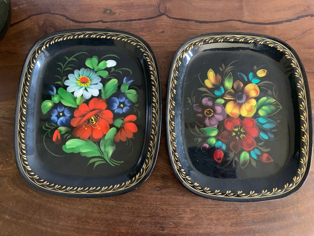 Black Metal Russian Tole Painted Trays Pair of Decorative - Etsy