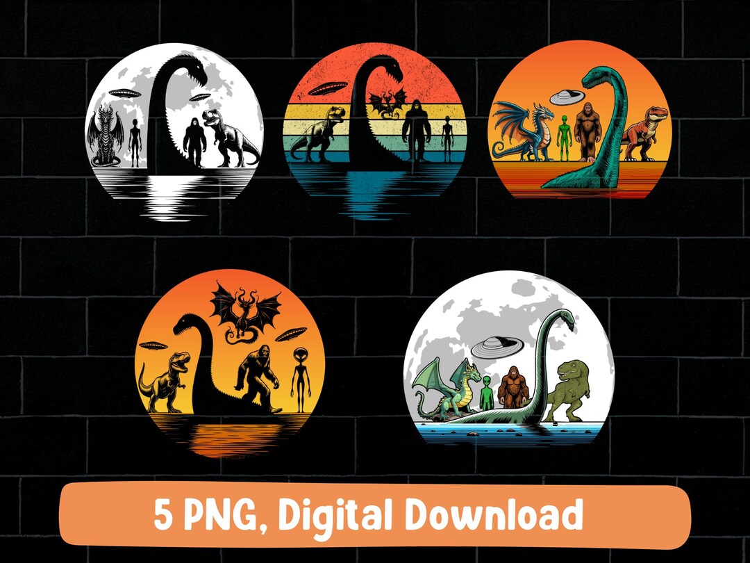 Spooky Retro Loch Ness Monster PNG Bundle: Bigfoot, Alien, Dragon ...