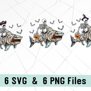 Skeleton Riding Mummy Shark SVG PNG: Halloween Graphic (digital ...