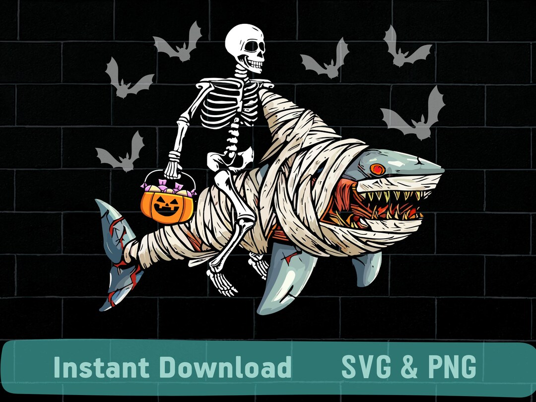 Skeleton Riding Mummy Shark SVG PNG: Halloween Graphic (digital ...