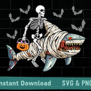 Skeleton Riding Mummy Shark SVG PNG: Halloween Graphic (digital ...