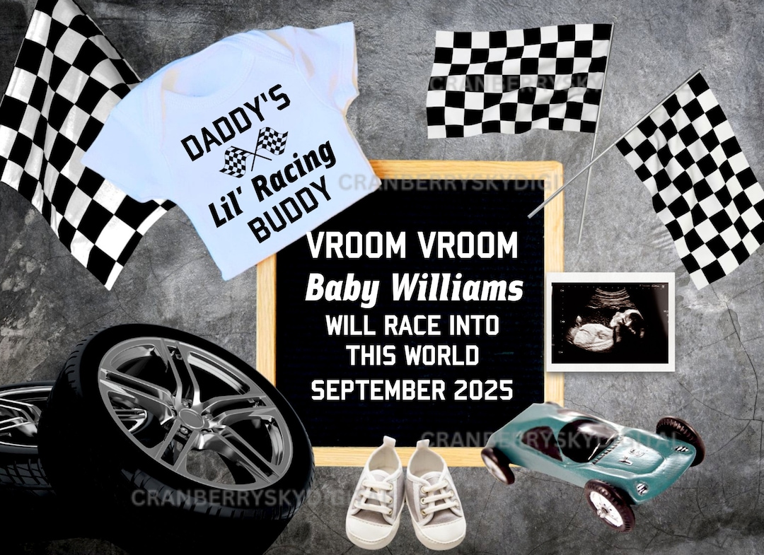 Digital Race Car Baby Announcement Racing Pregnancy Announcement Racing ...