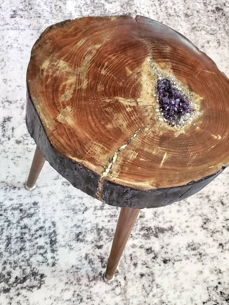 Accent Table Wood Slab Resin Crystal Small Drink Geode Rustic - Etsy