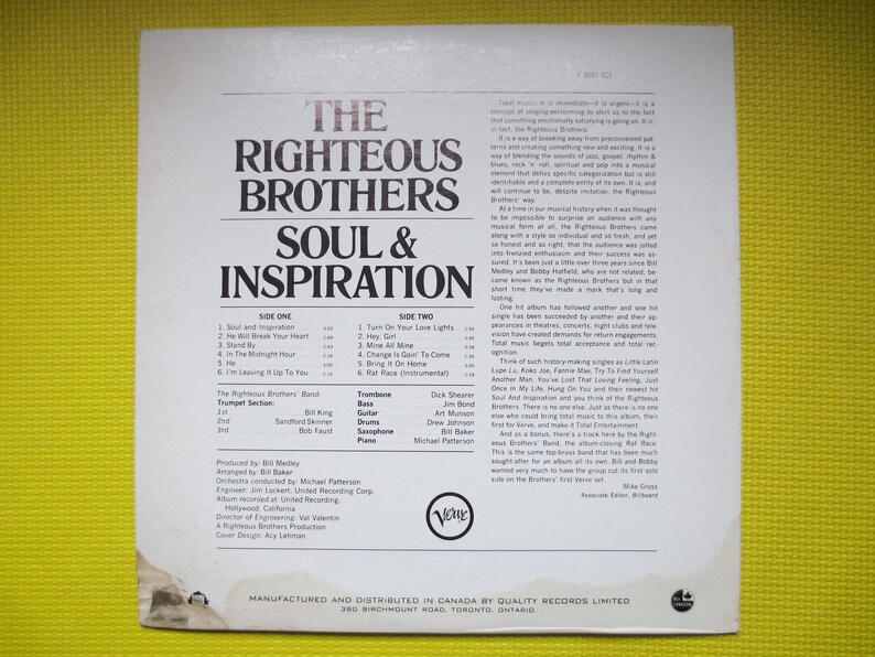 The RIGHTEOUS BROTHERS, SOUL and Inspiration, Vintage Album, 1966 ...